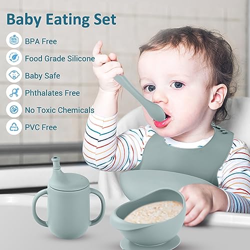 Silicone Baby Feeding Set, FOTEEMO Led Weaning 11-Piece Feeding Eating Supplies Self Feeding Baby Utensils Eating Suction Bowl For 6+ Months Toddler （Blue）