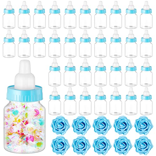 Jinei 48 Pcs Mini Baby Bottles Baby Shower Favor 3.5 Inch Clear Plastic Baby Bottle Candy Box with 10 Artificial Flower Newborn Baby Shower Gifts for Guests Baby Shower Favor Gift Decoration (Blue)