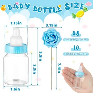 Jinei 48 Pcs Mini Baby Bottles Baby Shower Favor 3.5 Inch Clear Plastic Baby Bottle Candy Box with 10 Artificial Flower Newborn Baby Shower Gifts for Guests Baby Shower Favor Gift Decoration (Blue)