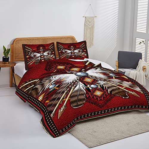 Feather Native American Quilt Bedding Set Duvet Cover for Boys Girls Women Men Room Decor Twin Size Red Pattern Quilt Set Spirit Bedding for Toddler Girls Native American Lovers