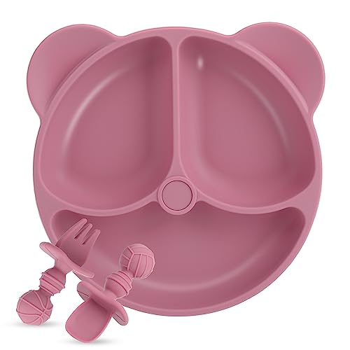 E-PRONSE Suction Plates for Babies & Toddlers | 100% Silicone | Plates Stay Put with Suction Feature | Divided Design Bear Pink