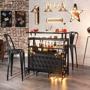 LITTLE TREE Home Bar Table Unit with 3 Tier Storage Shelves, Black