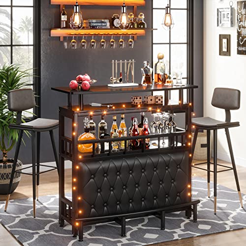 LITTLE TREE Home Bar Table Unit with 3 Tier Storage Shelves, Black