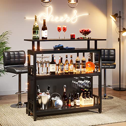 LITTLE TREE Home Bar Table Unit with 3 Tier Storage Shelves, Black