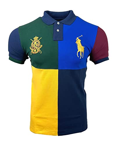 POLO RALPH LAUREN Men's Big Pony Custom Slim Fit Mesh Crest Polo Shirt (Green Quad Multi,2XL)