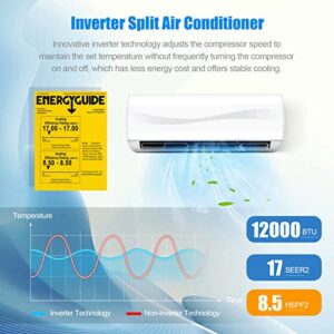 Mini Split AC, 12000 BTU Mini Split Air Conditioner & Heater Ductless Inverter System, Wall-Mounted Ductless AC cools up to 750Sq.Ft, Energy Efficient Inverter AC with Heat Pump; Installation Kit