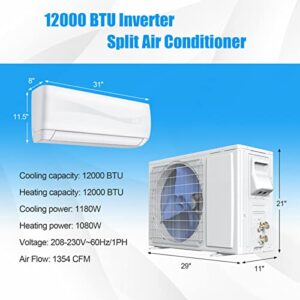 Mini Split AC, 12000 BTU Mini Split Air Conditioner & Heater Ductless Inverter System, Wall-Mounted Ductless AC cools up to 750Sq.Ft, Energy Efficient Inverter AC with Heat Pump; Installation Kit