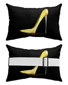 outdoor head pillow for chaise lounge chair,golden glowing high heels waterproof throw pillow with insert,lumbar recliner pillows for garden beach,women black back patio pillow with elastic strap