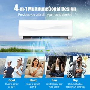 Mini Split AC, 12000 BTU Mini Split Air Conditioner & Heater Ductless Inverter System, Wall-Mounted Ductless AC cools up to 750Sq.Ft, Energy Efficient Inverter AC with Heat Pump; Installation Kit