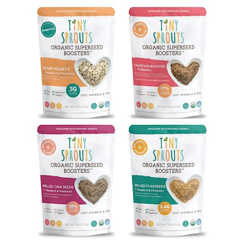 Tiny Sprouts Foods Organic Superseed Boosters with VITAMIN D + PROBIOTICS High OMEGA 3s Fiber Protein Iron Magnesium Designed for Babies Toddlers & Kids Gluten-free Vegan Non GMO (7oz x 4Variety Pack)