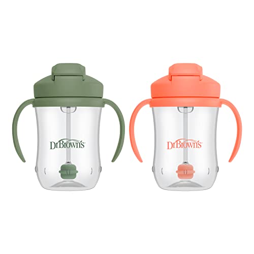 Dr. Brown's Milestones, Baby's First Straw Cup Sippy Cup with Straw, 6m+, 9oz/270ml, 2 Pack, Coral & Olive Green, BPA Free