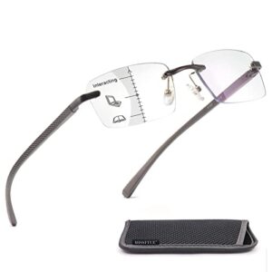 missfive premium aluminum progressive multifocus reading glasses men blue light blocking, no-line spring hinge rimless office multifocal metal readers, workspace for mid-near range(3.0x, gunmetal)