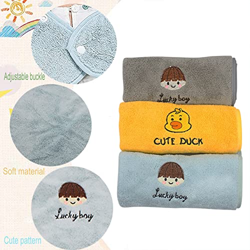 HISHELL 3 Pieces Baby Bibs with Snaps Large Towel Bibs Water Absorbent Bibs Adjustable Toddler Soft Bib for Baby Boy Bibs Over 6 Months for Drooling Feeding Eating (Blue Grey Yellow)