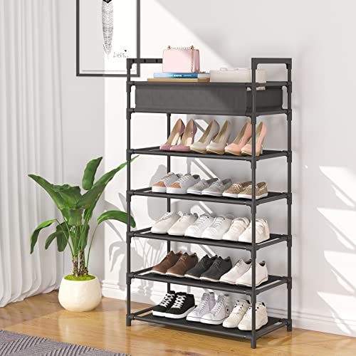 Calmootey 6-Tier Stackable Freestanding Shoe Rack, 2-in-1 Plus Storage Bag Sturdy Shoe Shelf, Non-Woven Fabric Entryway Shoe Shelf with Storage Organizer