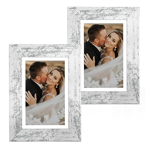 Capcillin 4x6 Picture Frame Wood Set of 2 with Glass, Display Pictures 4x6 Without Mat or 3.5x5 Photos with Mat, Wall Gallery Photo Frames, Tabletop Display and Wall Mounting, Distressed White