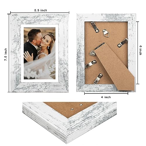 Capcillin 4x6 Picture Frame Wood Set of 2 with Glass, Display Pictures 4x6 Without Mat or 3.5x5 Photos with Mat, Wall Gallery Photo Frames, Tabletop Display and Wall Mounting, Distressed White