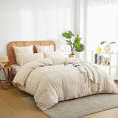 Nayoroom Boho Striped Duvet Cover Set King Size Beige Khaki Tufted Textured Bedding Sets 3 Pieces Soft Lightweight Washed Microfiber Aesthetic Comforter Cover with Zipper Closure for All Seasons