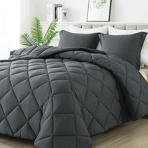 HYLEORY King Size Comforter Set with 2 Pillow Shams - Down Alternative Bed Comforters Bedding Sets for All Season - Lightweight - Machine Washable - Dark Grey