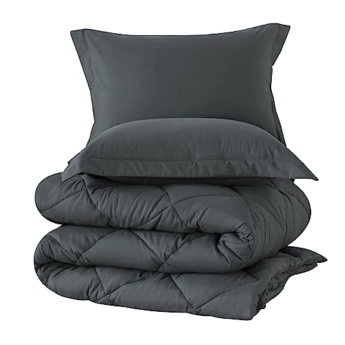 HYLEORY King Size Comforter Set with 2 Pillow Shams - Down Alternative Bed Comforters Bedding Sets for All Season - Lightweight - Machine Washable - Dark Grey