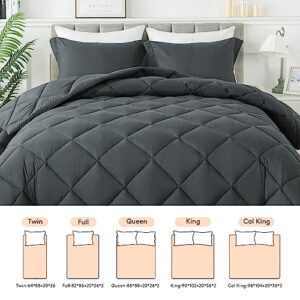 HYLEORY King Size Comforter Set with 2 Pillow Shams - Down Alternative Bed Comforters Bedding Sets for All Season - Lightweight - Machine Washable - Dark Grey