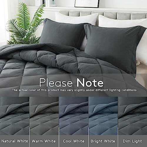 HYLEORY King Size Comforter Set with 2 Pillow Shams - Down Alternative Bed Comforters Bedding Sets for All Season - Lightweight - Machine Washable - Dark Grey