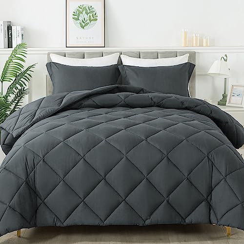 HYLEORY King Size Comforter Set with 2 Pillow Shams - Down Alternative Bed Comforters Bedding Sets for All Season - Lightweight - Machine Washable - Dark Grey