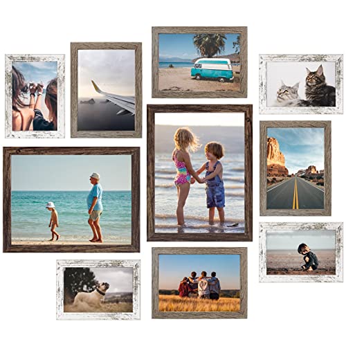 LIPHISFUN Picture Frames Collage Wall Decor 10 Pack Gallery Wall Frame Set with Multi Sizes 4x6 5x7 8x10 Photo Frames Collage for Wall or Tabletop Display in 3 Different Finishes - Brown, Gray, White