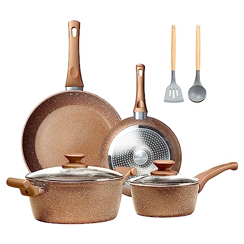 Innerwell Pots and Pans Set, 8 Pieces Non Stick Cookware Set, Gold Granite Stone Nonstick Cookware Set, Induction kitchen Cookware Sets, Cooking Set W/Frying Pan, Saucepan, Casserole, PFOA&PFAS Free