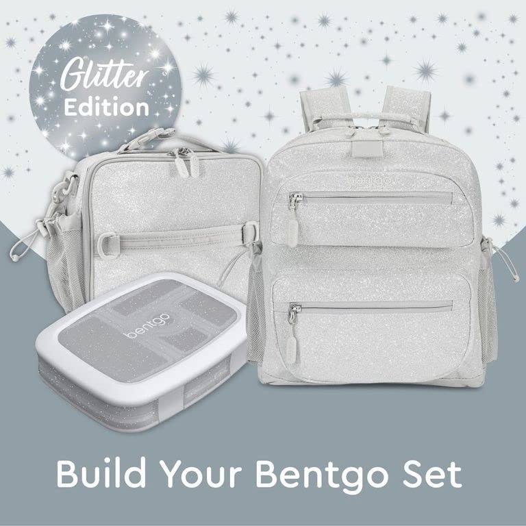 Bentgo® Kids Lunch Bag - Glitter Design for Children Ages 3+, Durable, Double Insulated, Water-Resistant Fabric, Interior & Exterior Zippered Pockets, Water Bottle Holder - (Glitter Edition - Silver)