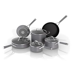 ninja cw69010 neverstick comfort grip 10-piece cookware set, nonstick, durable, scratch resistant, dishwasher safe, oven safe to 400°f, silicone handles, grey