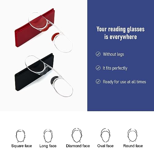 MMOWW Nose Pinching Armless Reading Glasses,2 Pack Ultra Slim Pocket Size Readers with Mini Portable Case (Black+Red,2.0)