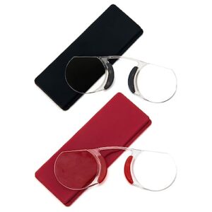 MMOWW Nose Pinching Armless Reading Glasses,2 Pack Ultra Slim Pocket Size Readers with Mini Portable Case (Black+Red,2.0)