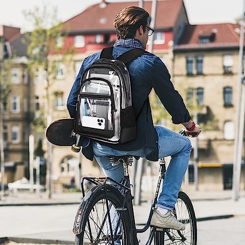 KIMNERPU Clear Backpack, Heavy Duty PVC Transparent Backpack with Reinforced Straps, See Through Multiple Pockets Large Capacity Bookbag for Concert Work Security Travel Festival (Black)