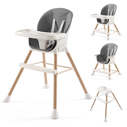 High Chairs for Babies and Toddlers, Xhakchik 6-in-1 Convertible High Chair for Toddlers, Baby High Chair with Adjustable Function, Removable Tray, Pu Mat and 5-Point Harness (Dark Grey)