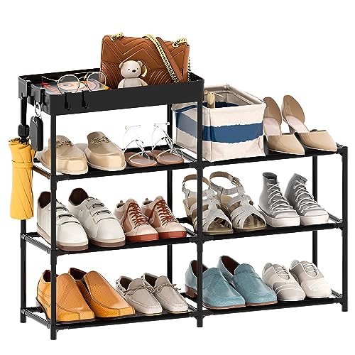 Vaasee 4 Tiers Shoe Rack Storage Organizer with Basket and 4 Hooks, Metal Free Standing Non-Woven Fabric Shoe Shelf, Narrow 6-12 Pairs Stackable Shoe Stand for Closet Entryway Bedroom Garage (Black)