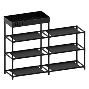 Vaasee 4 Tiers Shoe Rack Storage Organizer with Basket and 4 Hooks, Metal Free Standing Non-Woven Fabric Shoe Shelf, Narrow 6-12 Pairs Stackable Shoe Stand for Closet Entryway Bedroom Garage (Black)