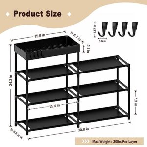 Vaasee 4 Tiers Shoe Rack Storage Organizer with Basket and 4 Hooks, Metal Free Standing Non-Woven Fabric Shoe Shelf, Narrow 6-12 Pairs Stackable Shoe Stand for Closet Entryway Bedroom Garage (Black)