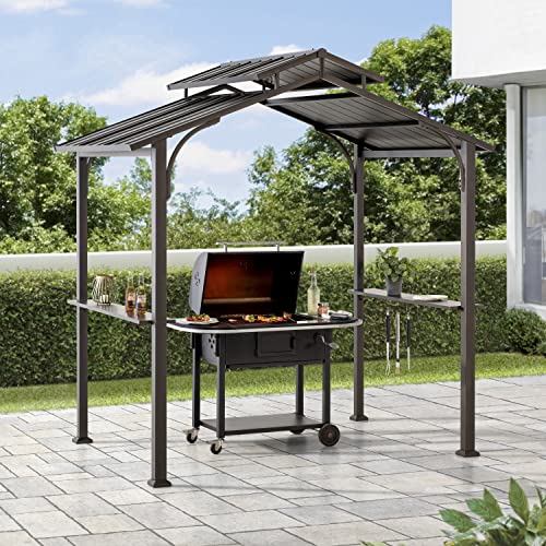 Sunjoy Grill Gazebo 5 ft. x 8 ft. Brown Steel Frame Double Tiered Hardtop Gazebo with Ceiling Hook and Bar Shelves