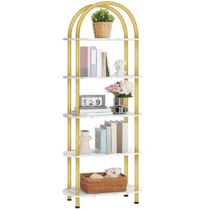 hoobro 5 tier bookshelf, modern arched bookcase, white and gold book shelf, tall bookcase shelf storage organizer, open storage shelves, modern book shelves for bedroom, living room, gold dm176sj01