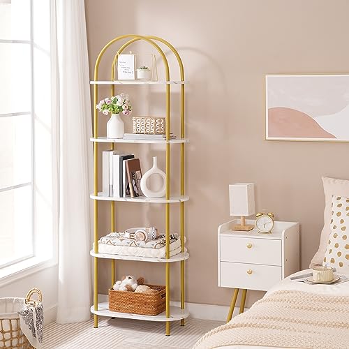 HOOBRO 5 Tier Bookshelf, Modern Arched Bookcase, White and Gold Book Shelf, Tall Bookcase Shelf Storage Organizer, Open Storage Shelves, Modern Book Shelves for Bedroom, Living Room, Gold DM176SJ01