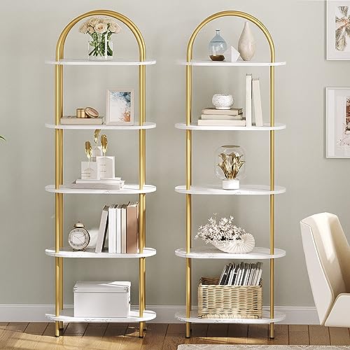 HOOBRO 5 Tier Bookshelf, Modern Arched Bookcase, White and Gold Book Shelf, Tall Bookcase Shelf Storage Organizer, Open Storage Shelves, Modern Book Shelves for Bedroom, Living Room, Gold DM176SJ01