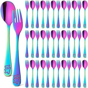 dandat 36 pcs stainless steel toddler utensils, rainbow kids silverware set includes small kids spoons and forks, metal kids cutlery set, child safe flatware, dishwasher safe (uv rainbow)