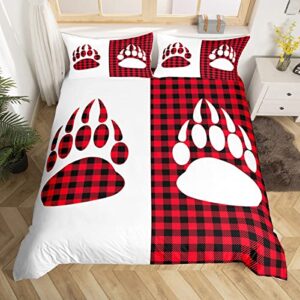 manfei kids bear paw print duvet cover set full size, wildlife footprint bedding set 3pcs for boys girls room decor, red black plaid print comforter cover animal theme quilt cover with 2 pillowcases