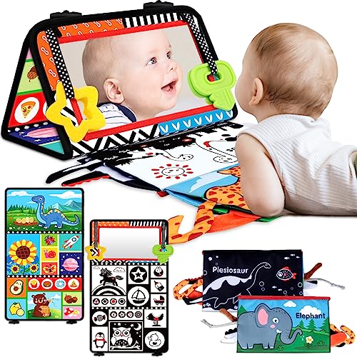 Aboosam Tummy Time Baby Mirror Toys 0-6 6-12 Months High Contrast Infant Toys Brain Development with Crinkle Cloth Book and Teether - Montessori Newborn Sensory Toys for Babies Boys Girls Gifts