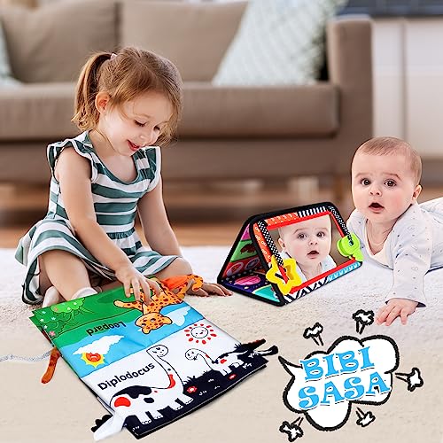 Aboosam Tummy Time Baby Mirror Toys 0-6 6-12 Months High Contrast Infant Toys Brain Development with Crinkle Cloth Book and Teether - Montessori Newborn Sensory Toys for Babies Boys Girls Gifts