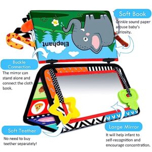 Aboosam Tummy Time Baby Mirror Toys 0-6 6-12 Months High Contrast Infant Toys Brain Development with Crinkle Cloth Book and Teether - Montessori Newborn Sensory Toys for Babies Boys Girls Gifts