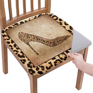 MUSEDAY Leopard Print Seat Covers for Dining Room Stretch Chair Seat Covers Set of 6, Removable Washable Chair Seat Protector Cushion Slipcovers for Kitchen, Brown Animal Texture High Heels