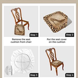 MUSEDAY Leopard Print Seat Covers for Dining Room Stretch Chair Seat Covers Set of 6, Removable Washable Chair Seat Protector Cushion Slipcovers for Kitchen, Brown Animal Texture High Heels