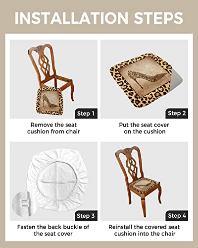 MUSEDAY Leopard Print Seat Covers for Dining Room Stretch Chair Seat Covers Set of 6, Removable Washable Chair Seat Protector Cushion Slipcovers for Kitchen, Brown Animal Texture High Heels