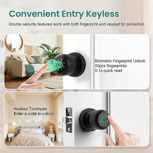 GHome 4 IN 1 Smart Fingerprint Door Knob with Keypad Door Lock, Biometric Smart Door Knobs & App Control, Keyless Entry Door Lock Great for Home, Bedroom, Apartment Offices and Garages